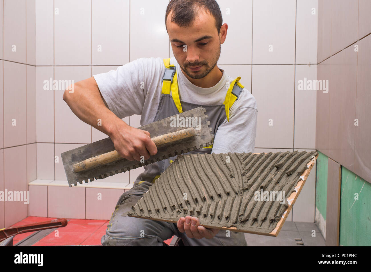 Install ceramic tiles in bathroom Stock Photo - Alamy