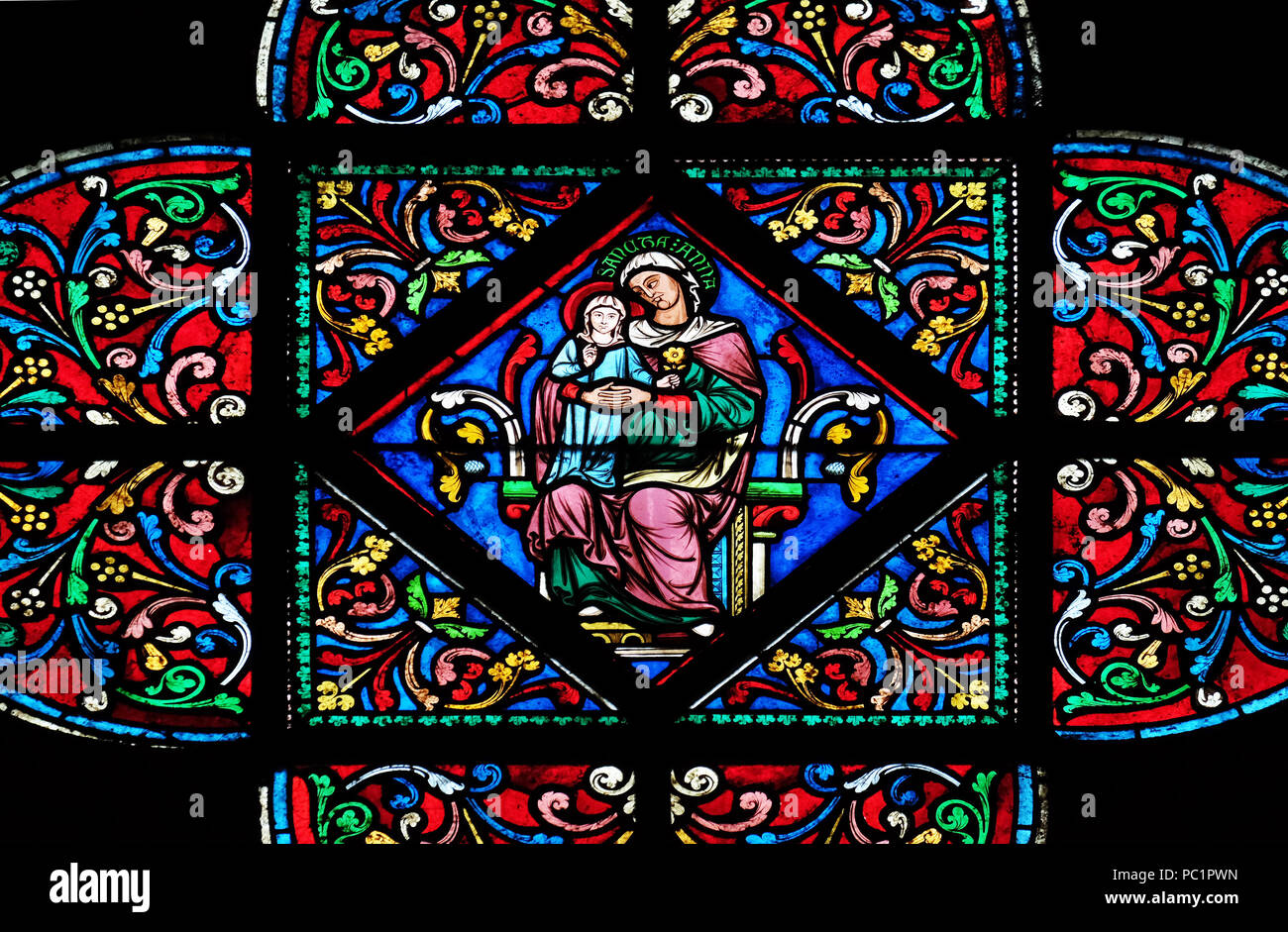 Saint Anne with Virgin Mary, stained glass window in the Notre Dame ...