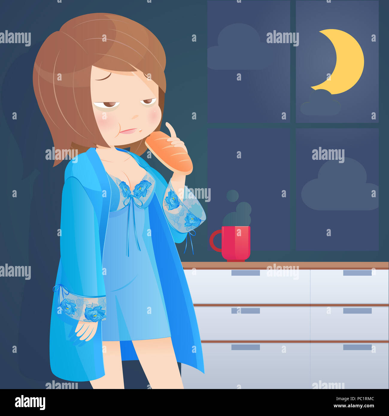 Hungry woman eating bread on kitchen at night, Cartoon, illustration ...