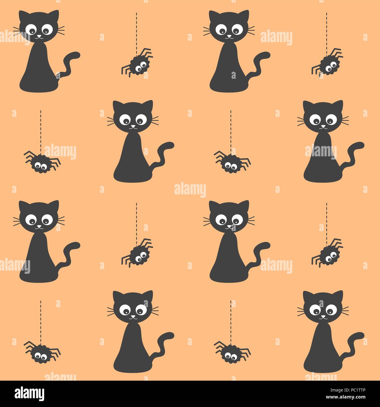 cute cartoon black cat and spider halloween seamless vector pattern ...