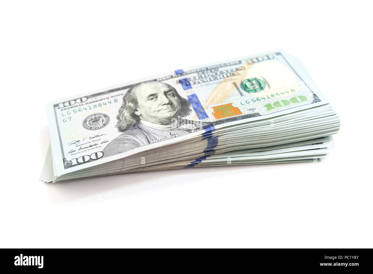 United States currency, bundle of One Hundred Dollars isolated on white ...