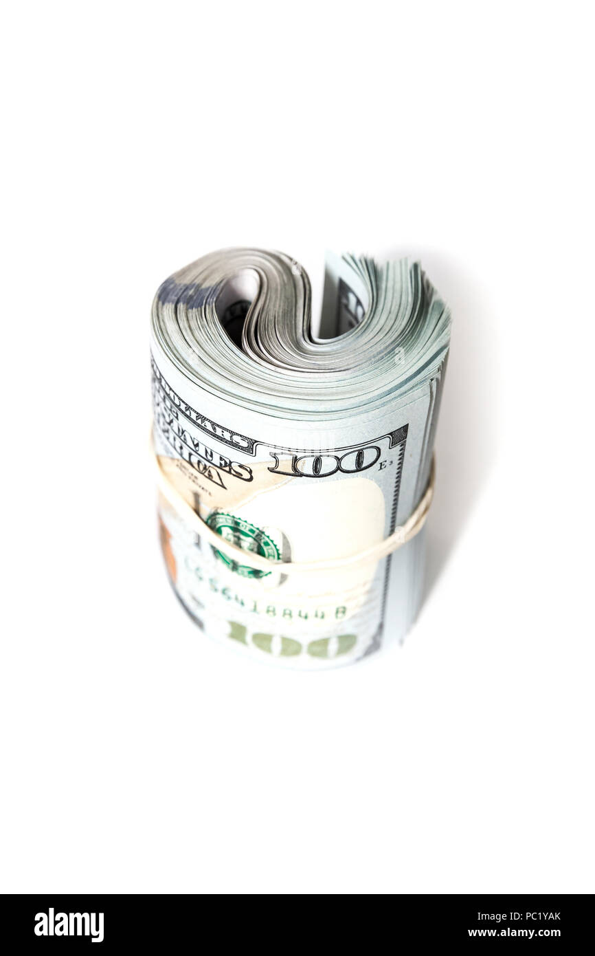 USA official currency, roll of One Hundred Dollars isolated on white ...