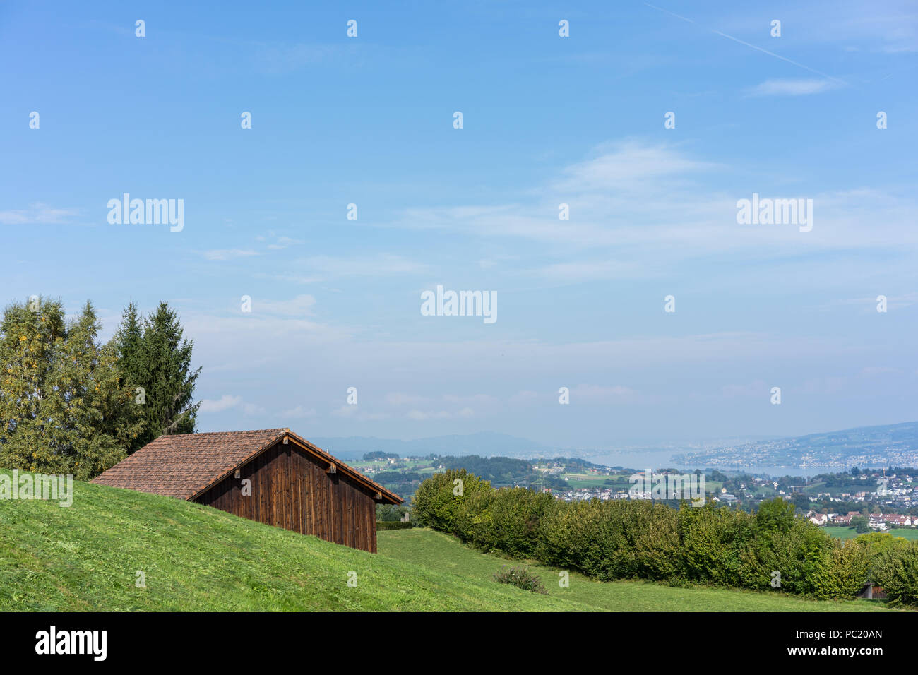landscape of lake zurich in summer with buildings from hiking trail ...