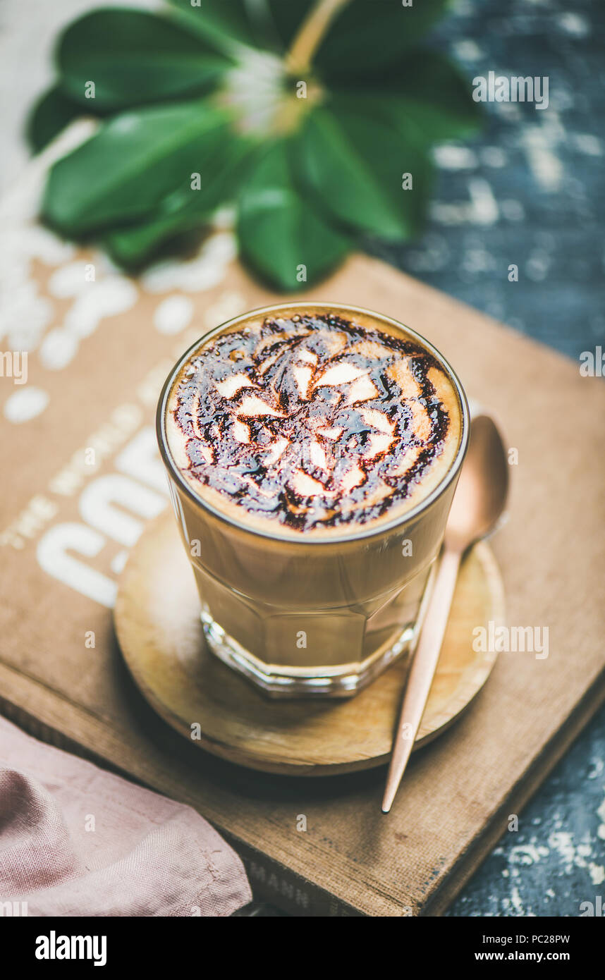 Classic Latte coffee with chocolate sauce pattern in glass Stock Photo ...