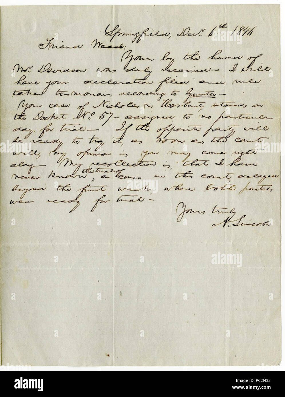 Abraham Lincoln letter to Hezekiah M. Wead 6Dec1846 Stock Photo - Alamy