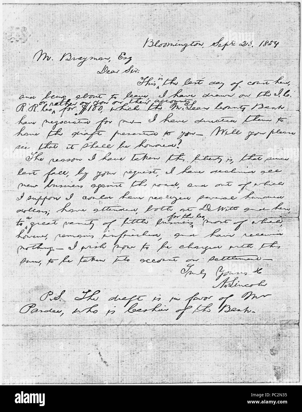Abraham Lincoln Letter to Mr. Brayman September 23, 1854 Stock Photo ...