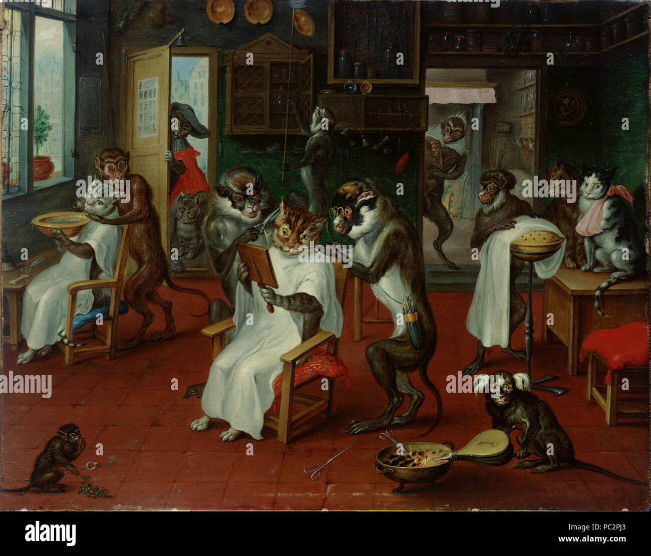 Abraham Teniers - Barbershop with monkeys and cats Stock Photo - Alamy