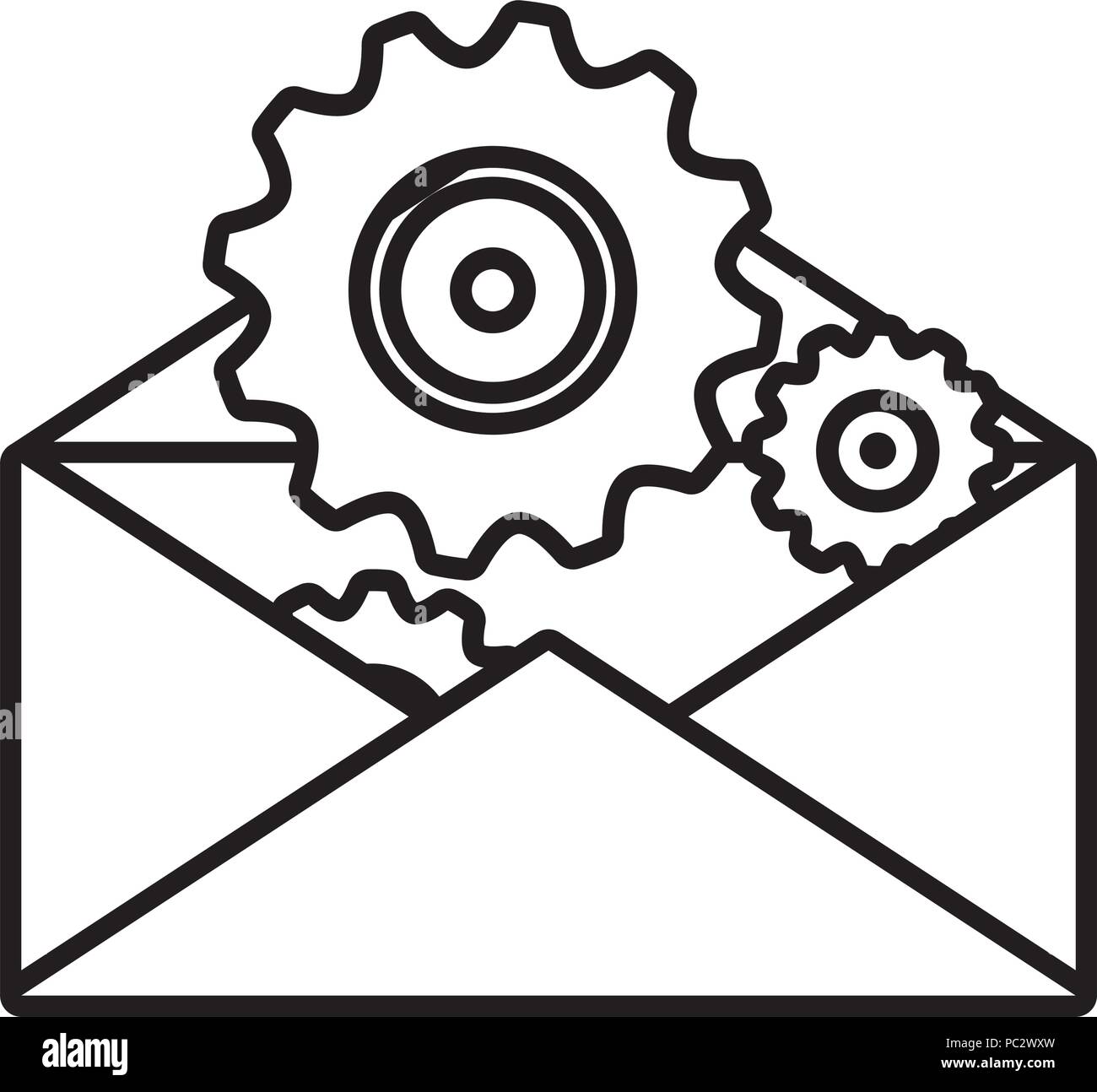 envelope and gear wheels over white background, vector illustration ...