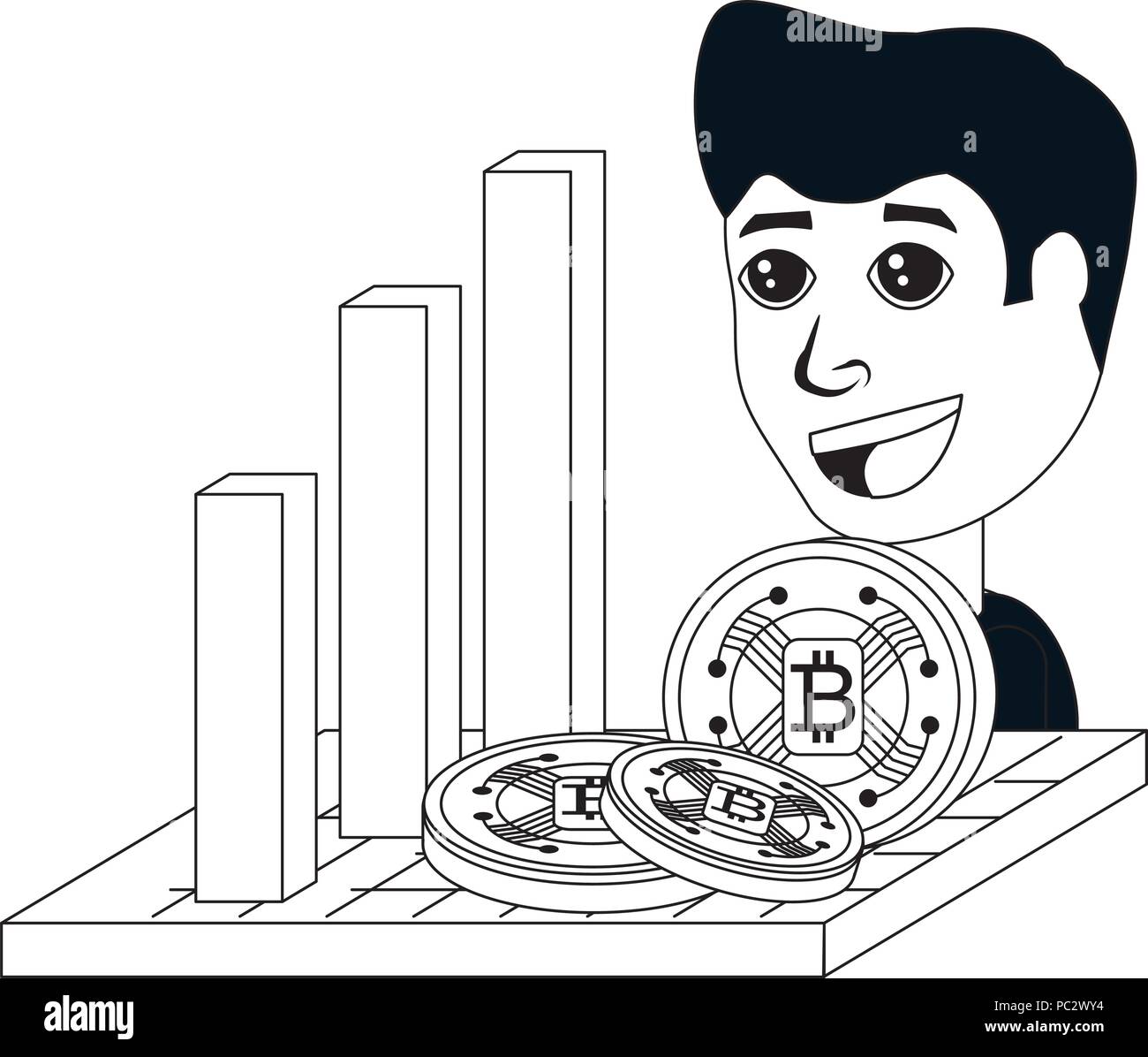graphic bar with cryptocoins and cartoon man over white background ...