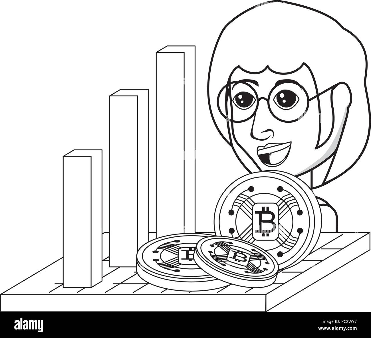 bar chart with cartoon woman and cryptocoins over white background ...