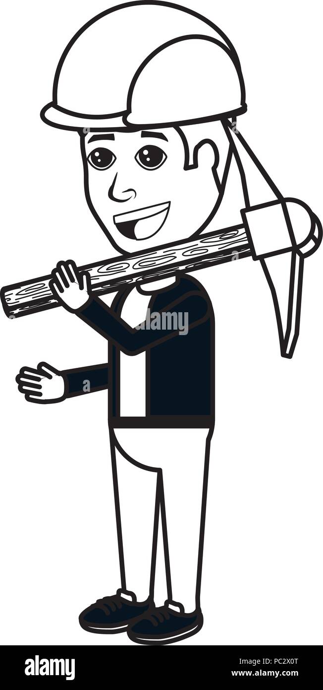 cartoon man holding a pickaxe and wearing a industrial helmet over ...