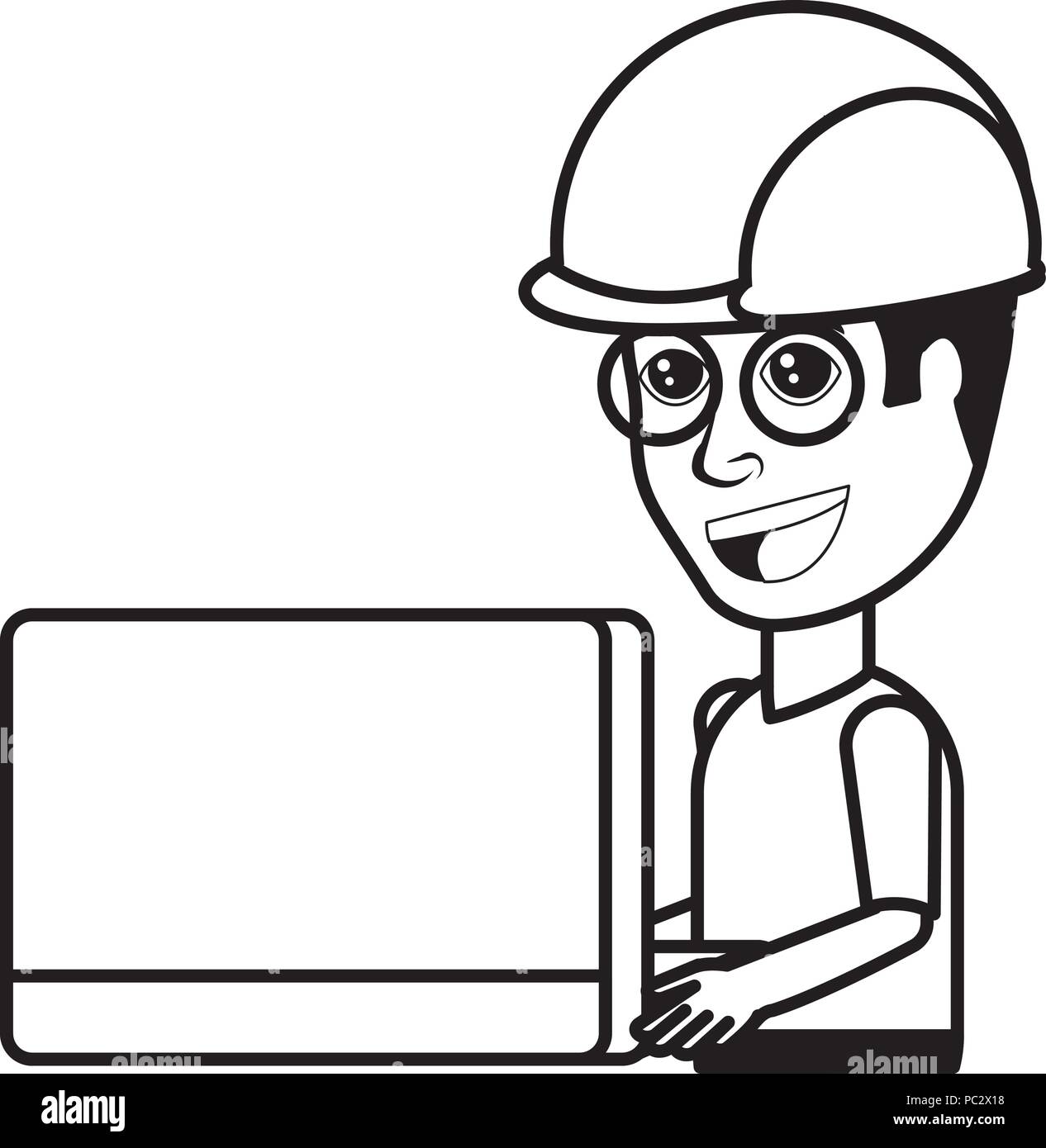 cartoon woman with safety helmet and using a laptop computer over white ...
