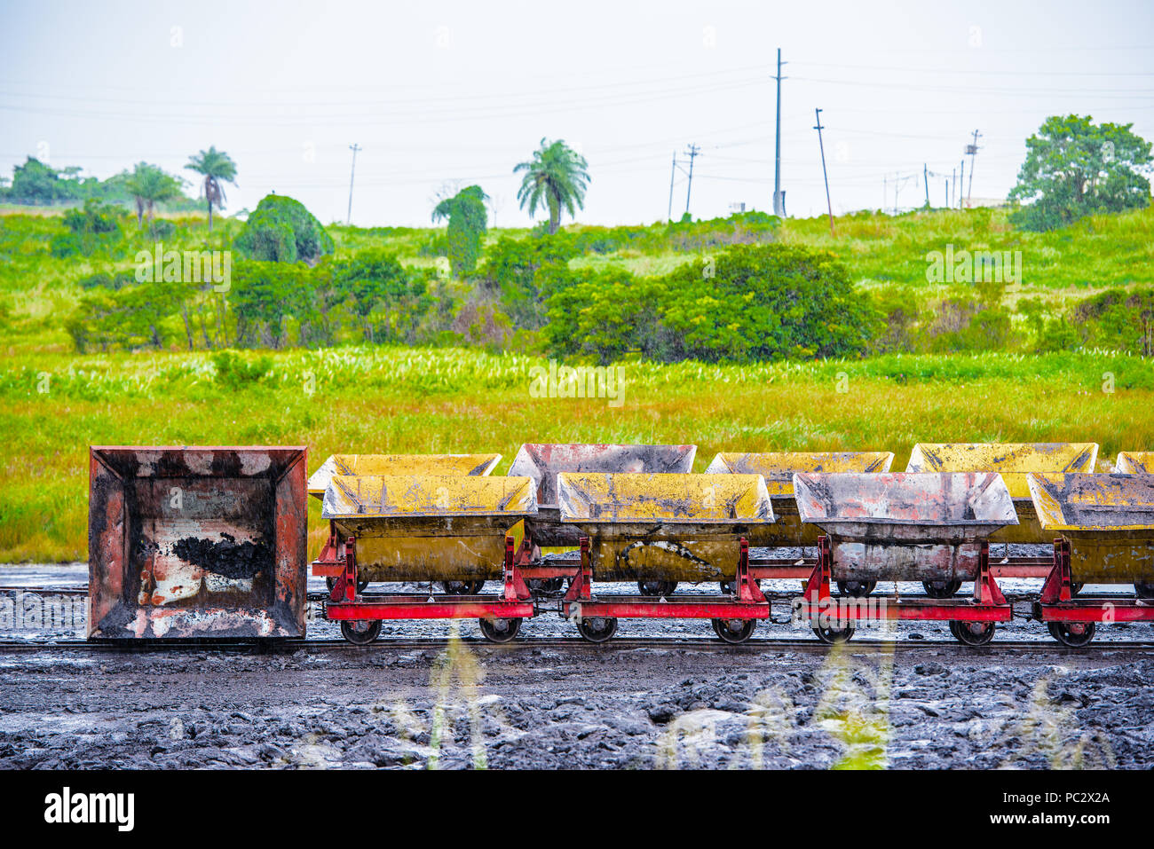 Transport carriages over the Pitch Lake, La Brea, Trinidad and Tobago ...