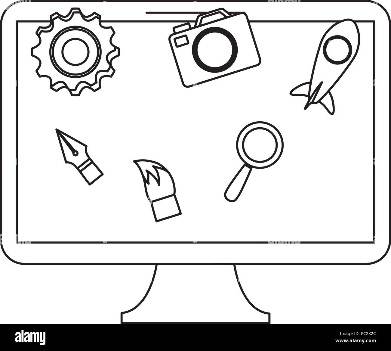 computer with creative related icons over white background, vector ...