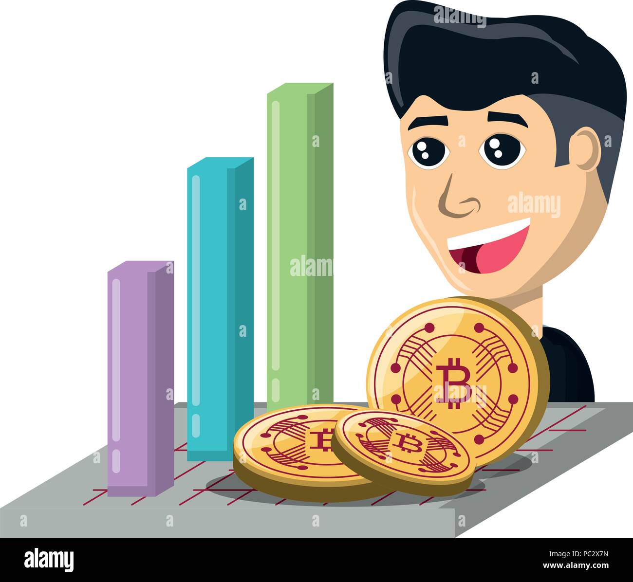 bar chart with cartoon man and cryptocoins over white background ...