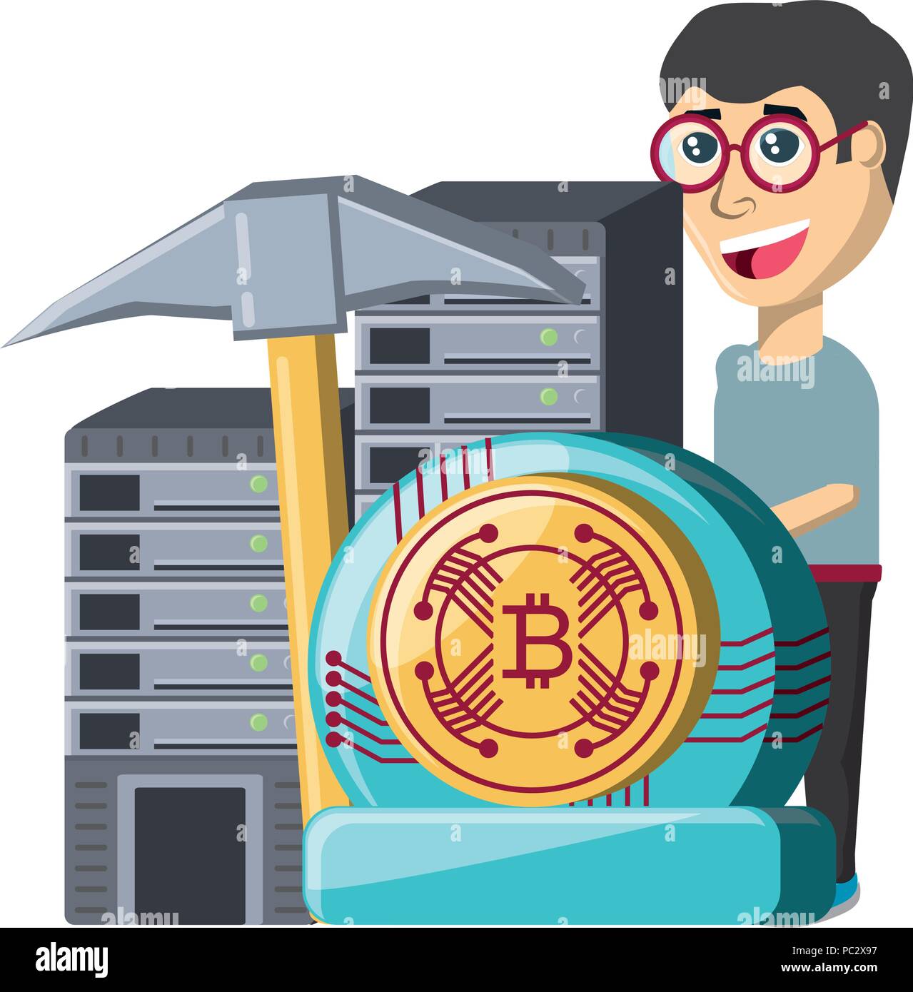 Cryptocurrency mining design with cartoon man with database servers and ...