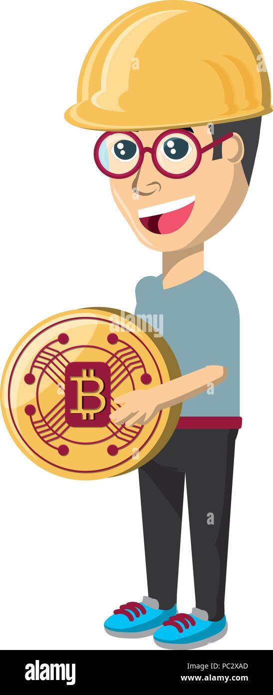 cartoon man with safety helmet and holding a bitcoin coin over white ...