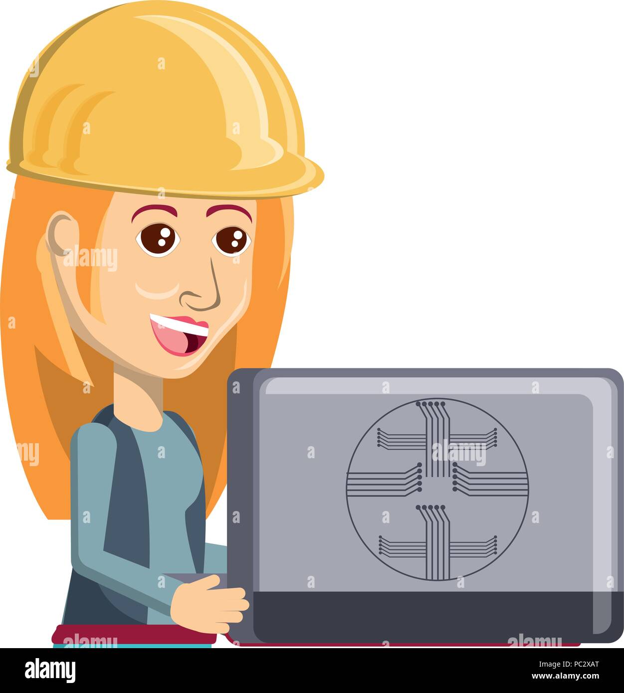 cartoon woman with safety helmet and using a laptop computer over white ...