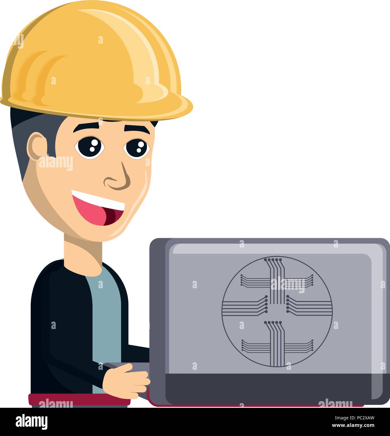 cartoon woman with safety helmet and using a laptop computer over white ...