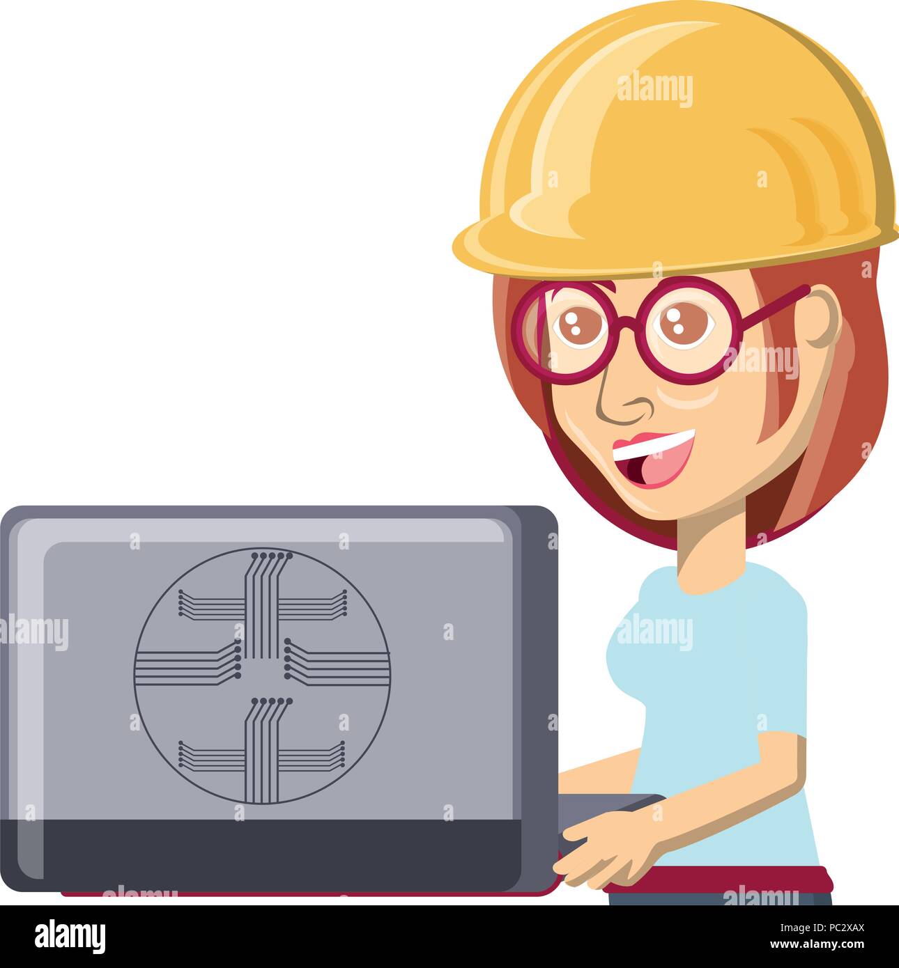 cartoon woman with safety helmet and using a laptop computer over white ...