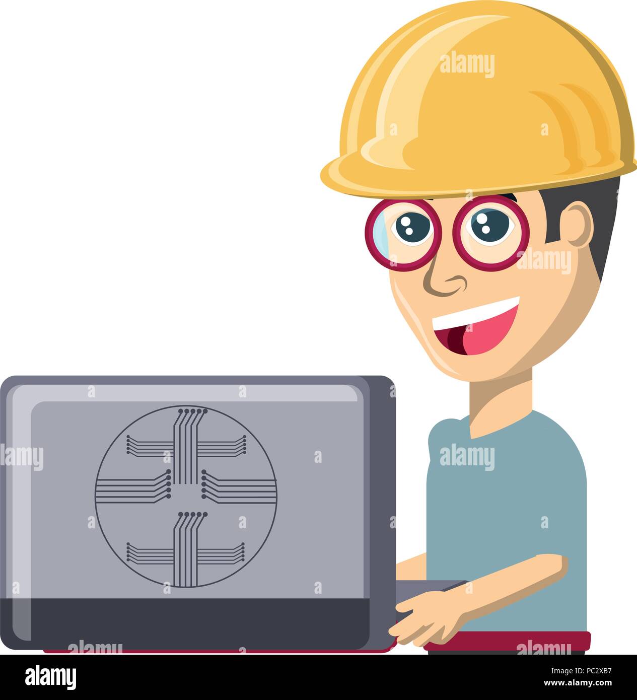 cartoon woman with safety helmet and using a laptop computer over white ...