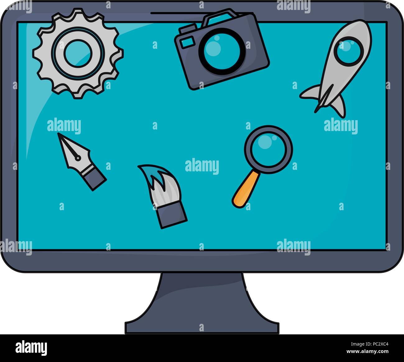 computer with creative related icons over white background, vector ...