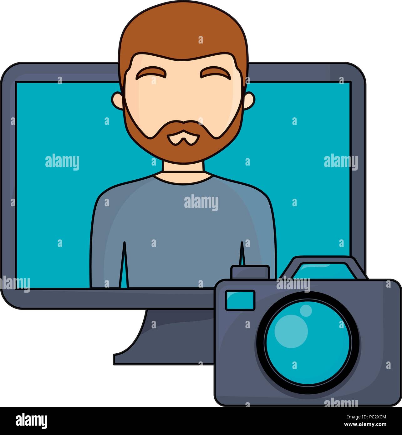 computer with man and camera over white background, vector illustration ...