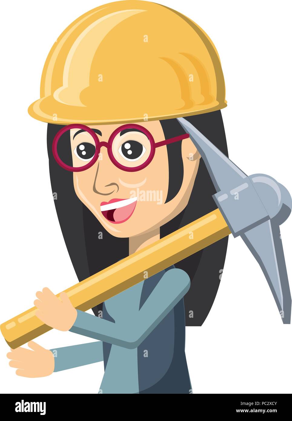 cartoon woman holding a pickaxe and wearing a industrial helmet over ...