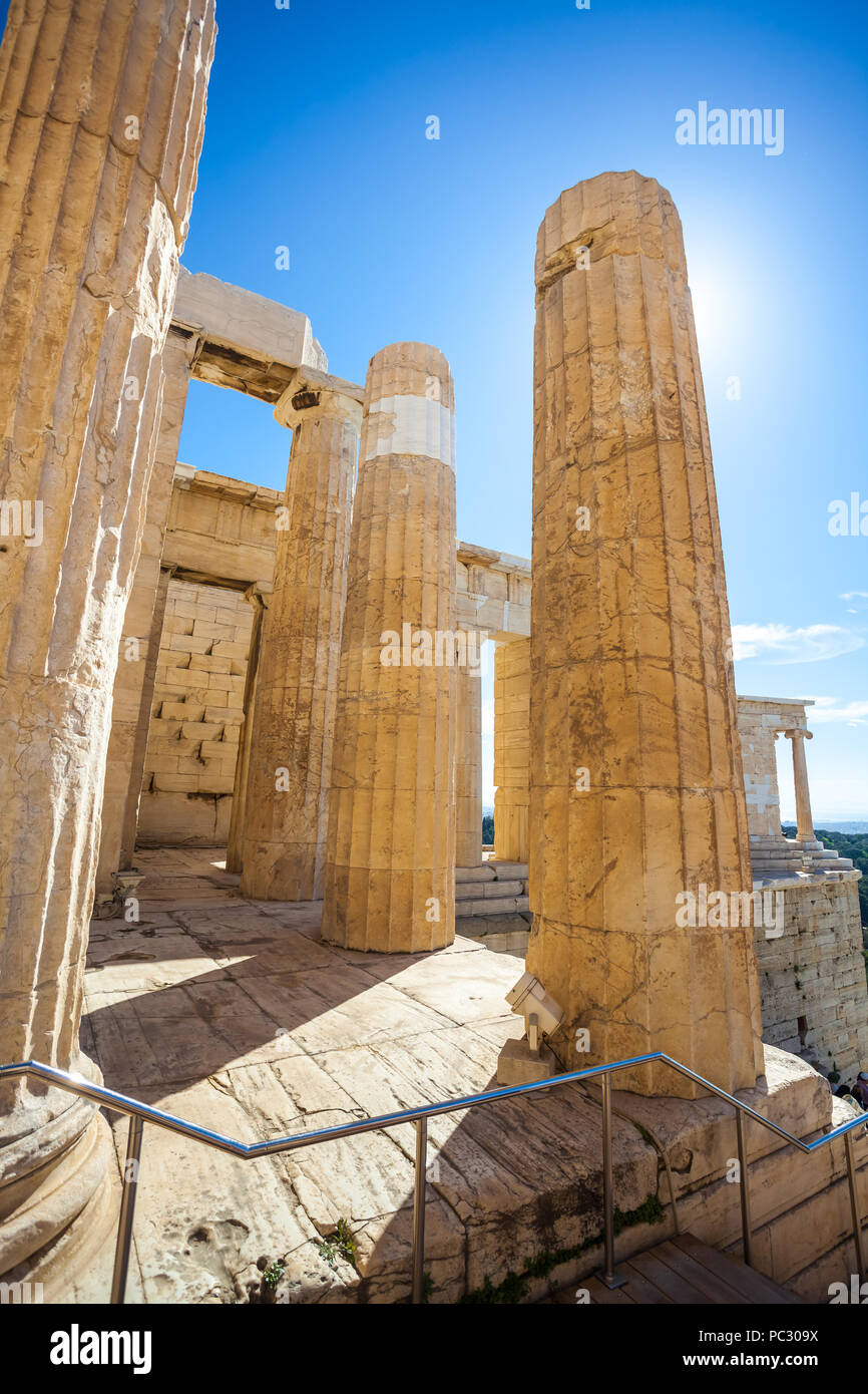 Looking up at a columns of Propylaea gateway in Acropolis of Athens, Greece Stock Photo - Alamy