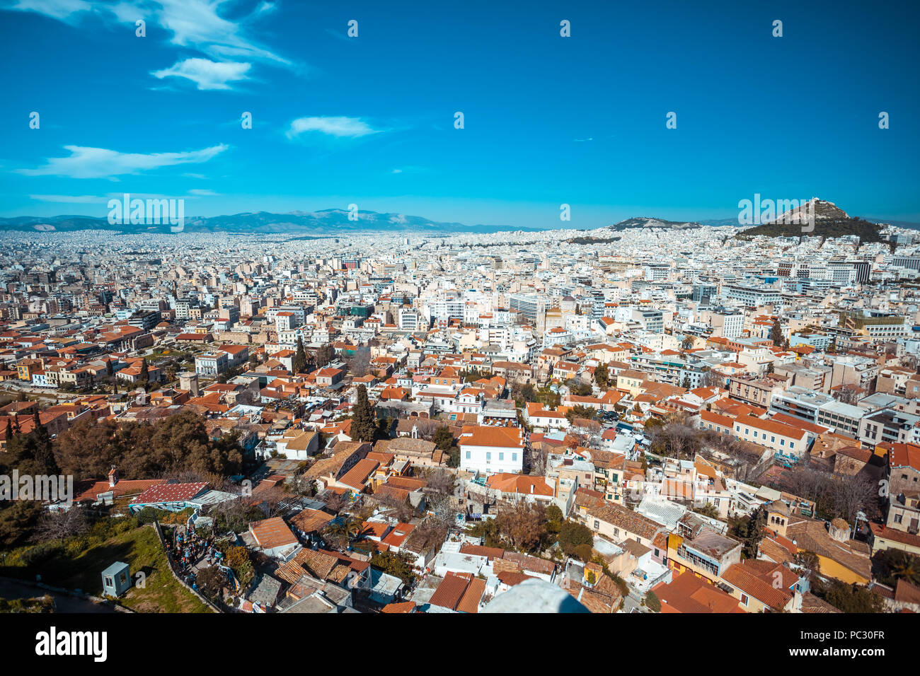 Panoramic view of Athens from Acropolis hill, sunny day. Lecabetus Hill ...