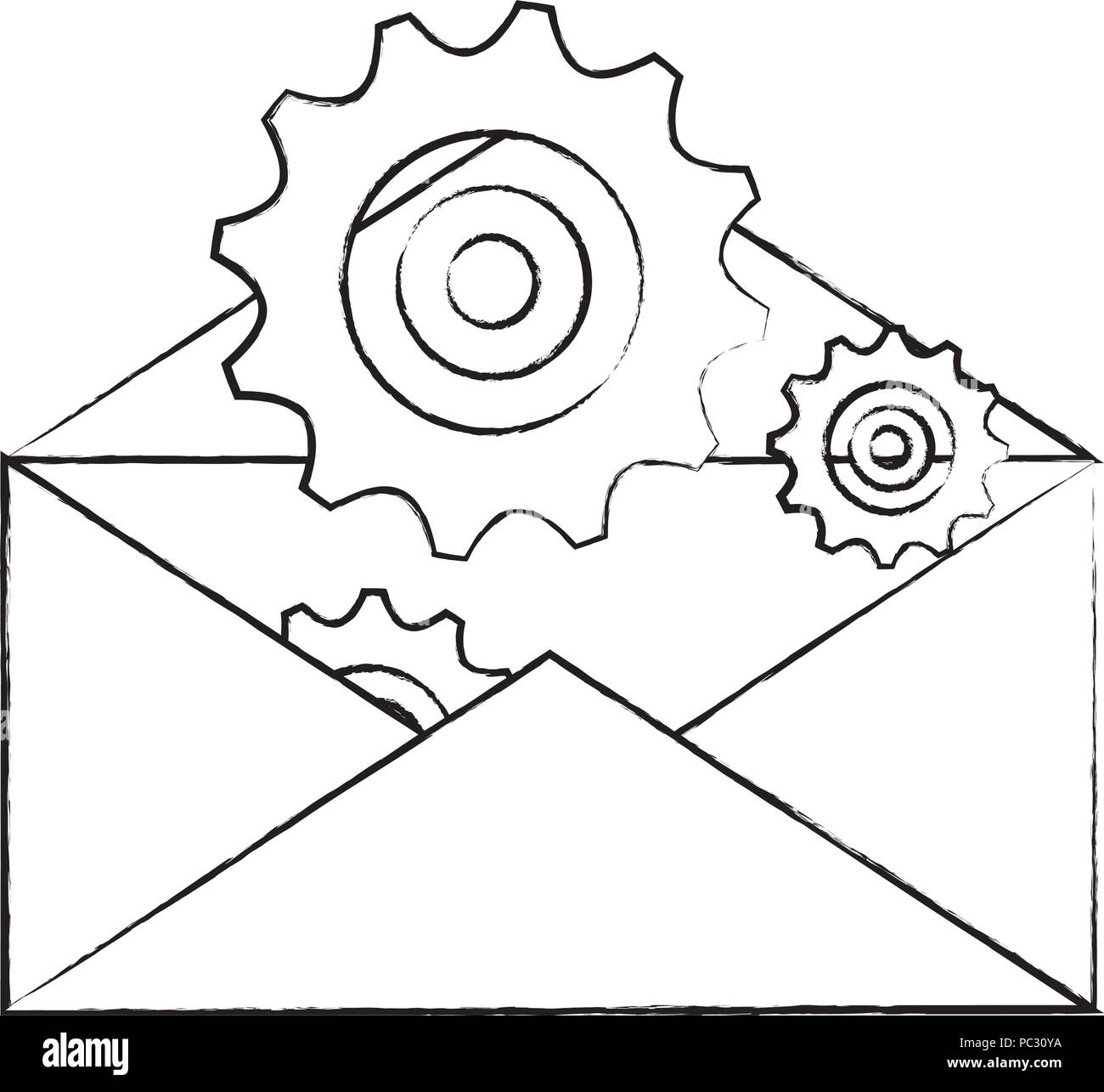 envelope and gear wheels over white background, vector illustration ...