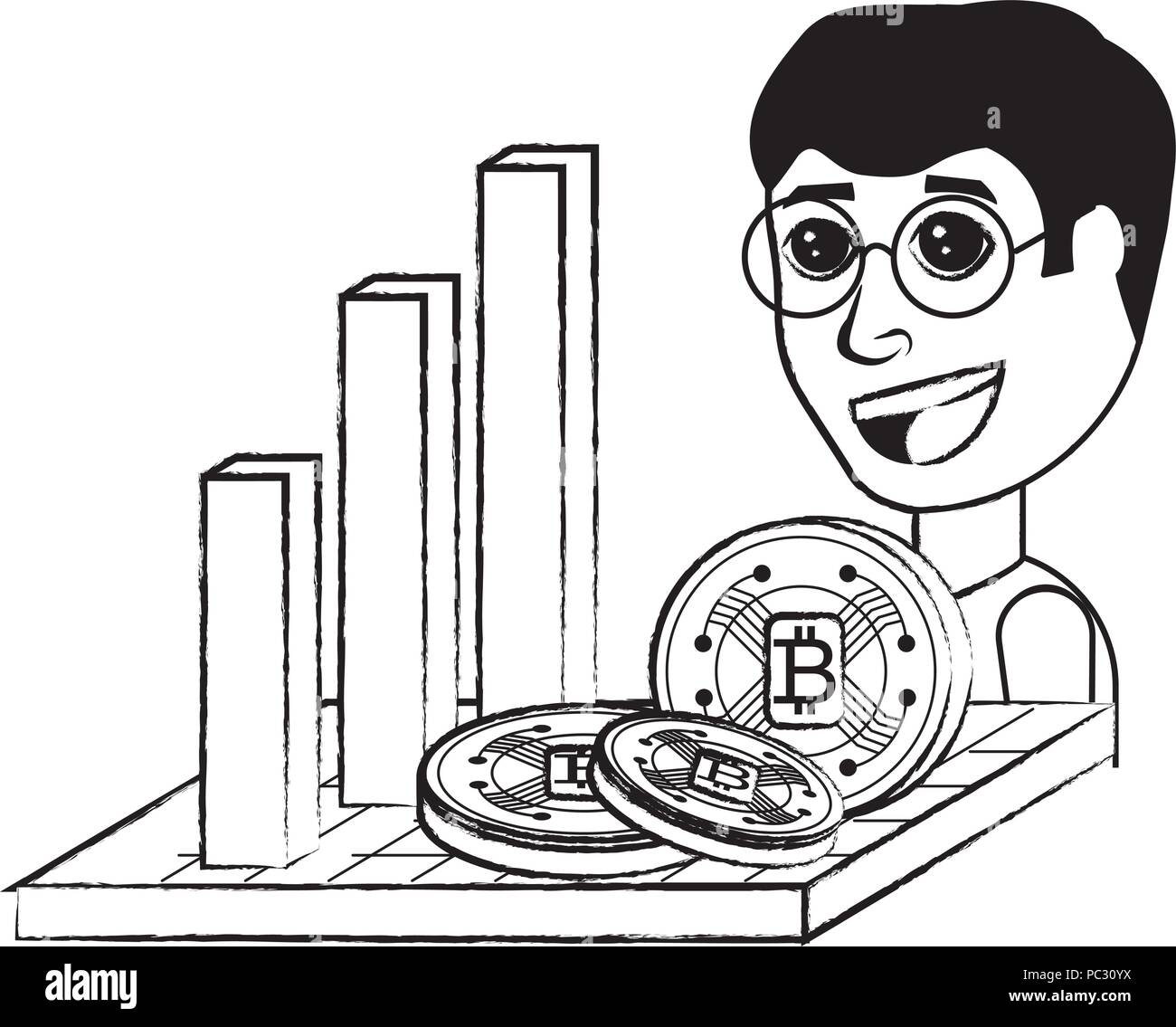 bar chart with cartoon man and cryptocoins over white background ...