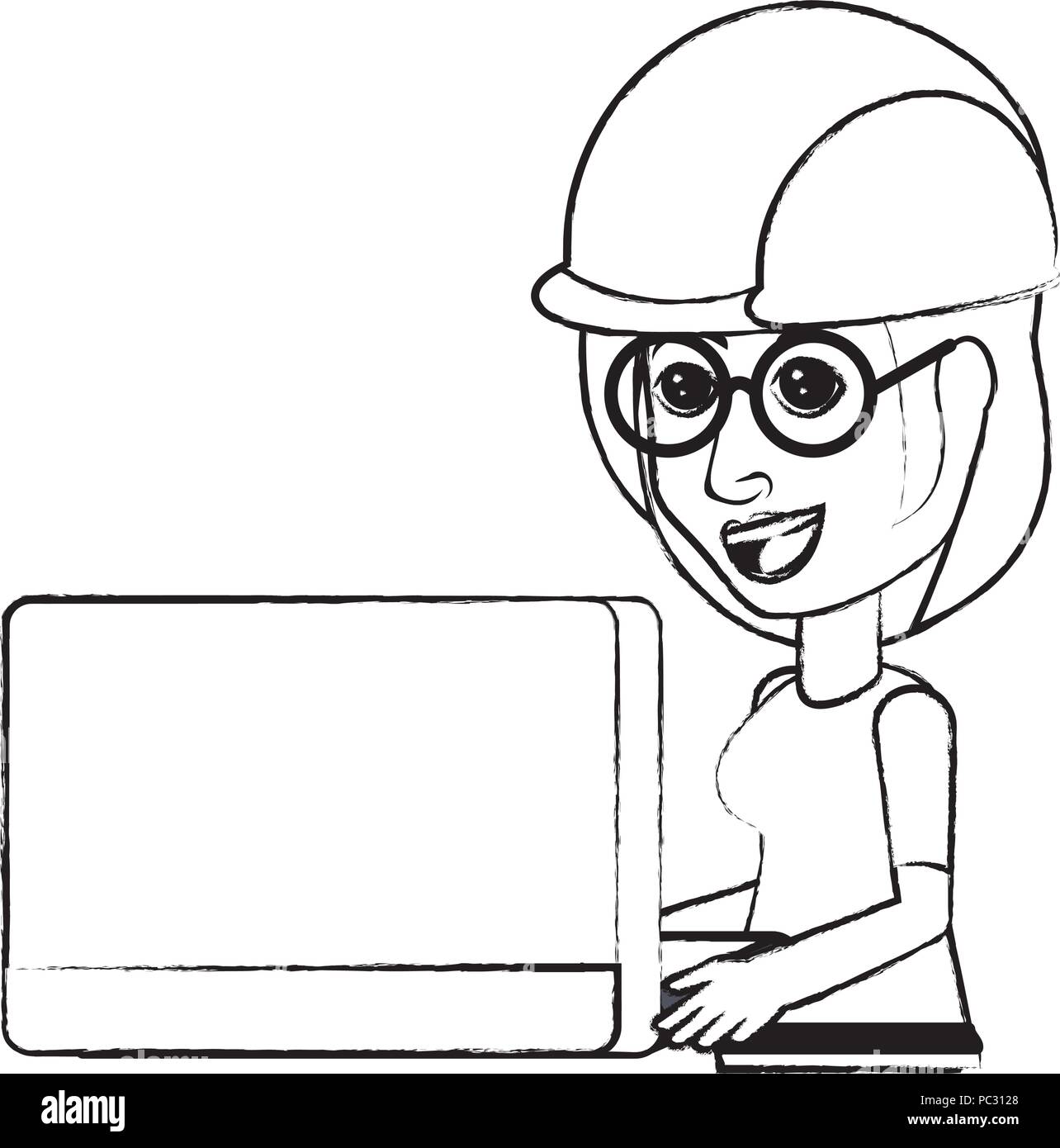 cartoon woman with safety helmet and using a laptop computer over white ...