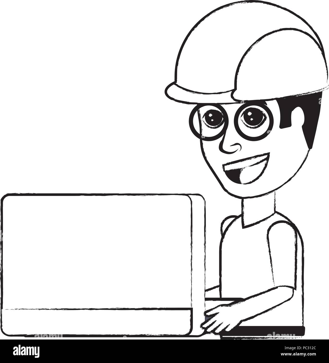 cartoon woman with safety helmet and using a laptop computer over white ...
