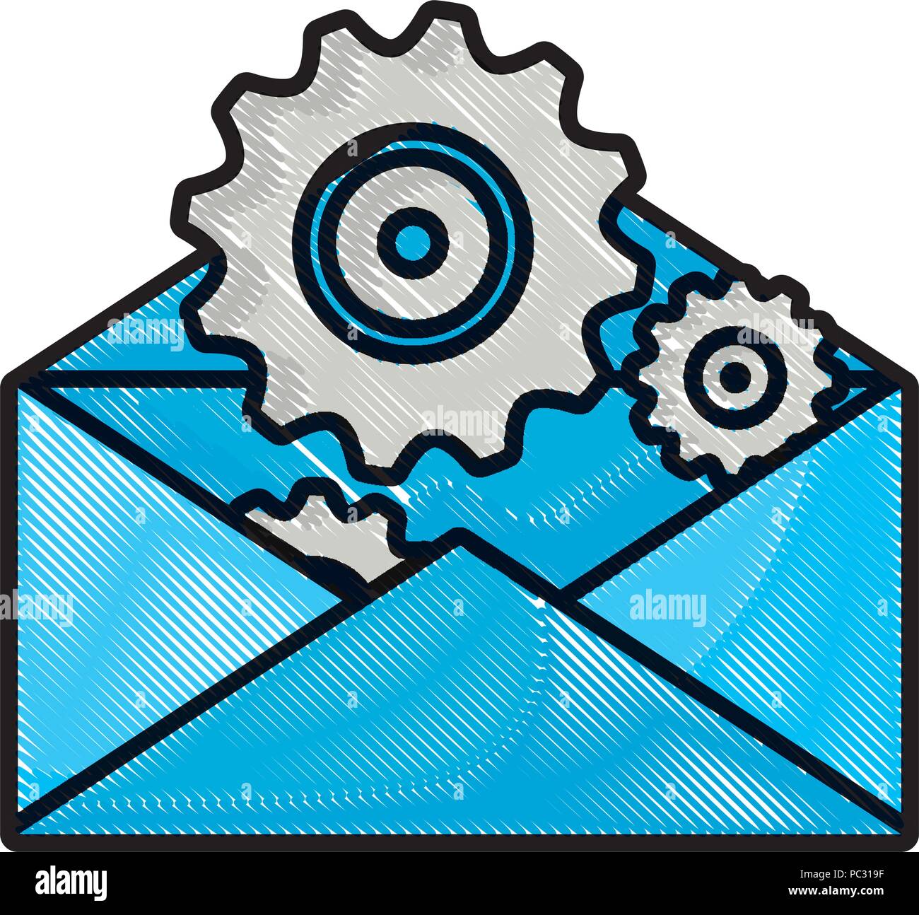 envelope and gear wheels over white background, vector illustration ...