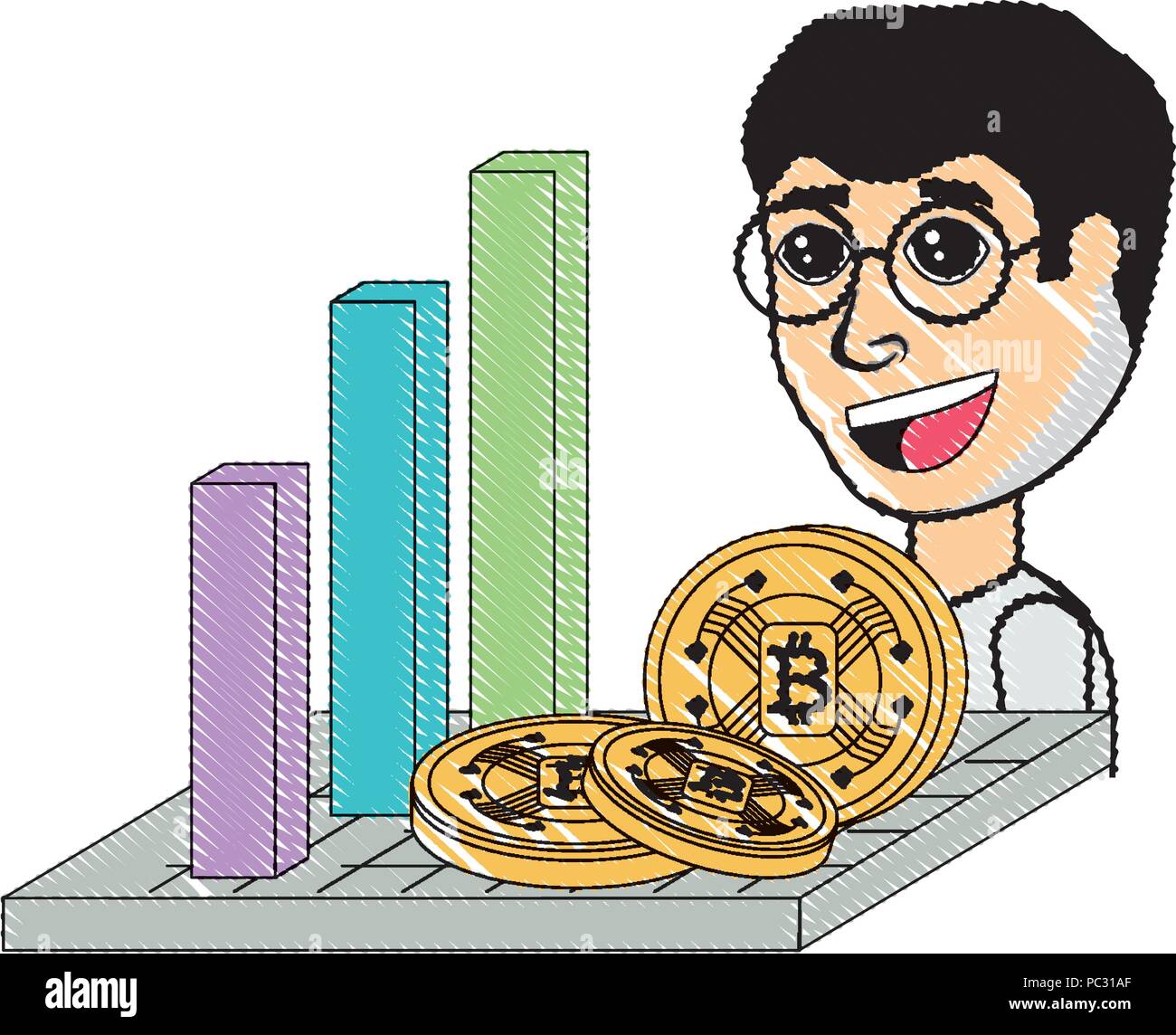 graphic bar with cryptocoins and cartoon man over white background ...