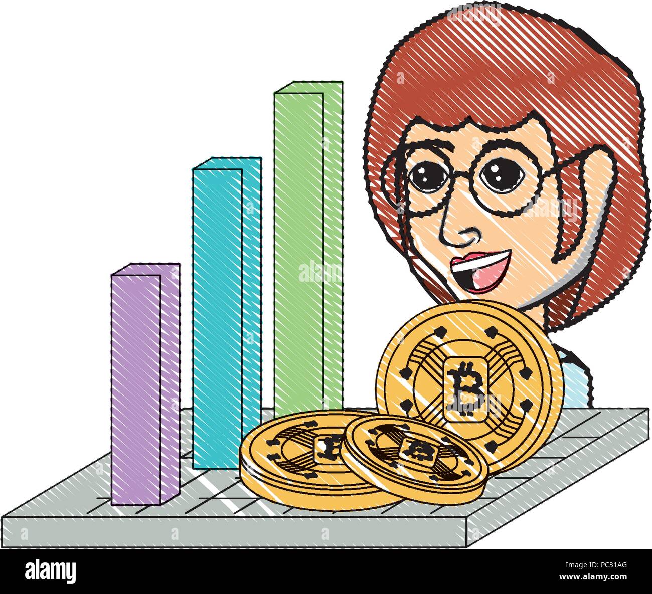 bar chart with cartoon woman and cryptocoins over white background ...