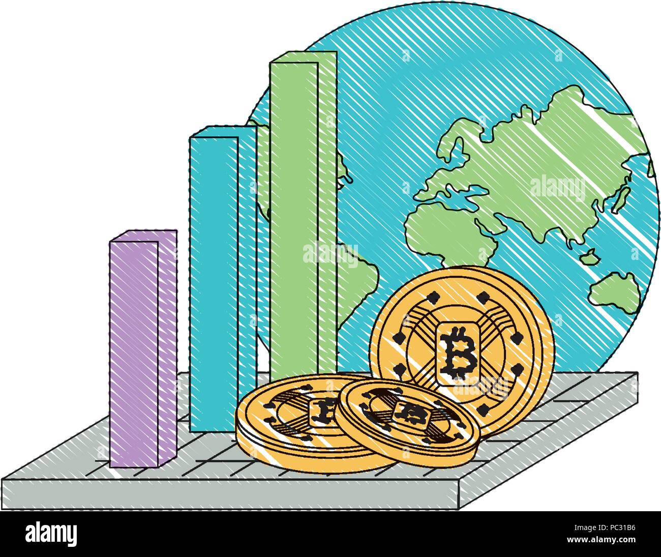 bar chart with earth planet and cryptocoins over white background ...