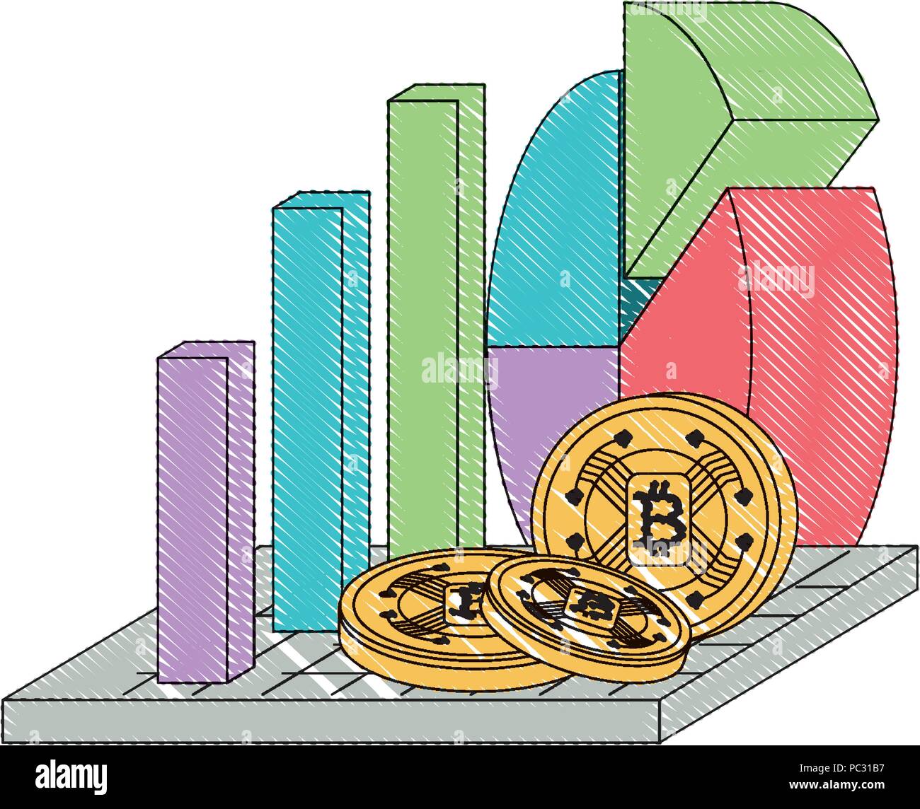 bar and pie chart with cryptocoins over white background, vector ...