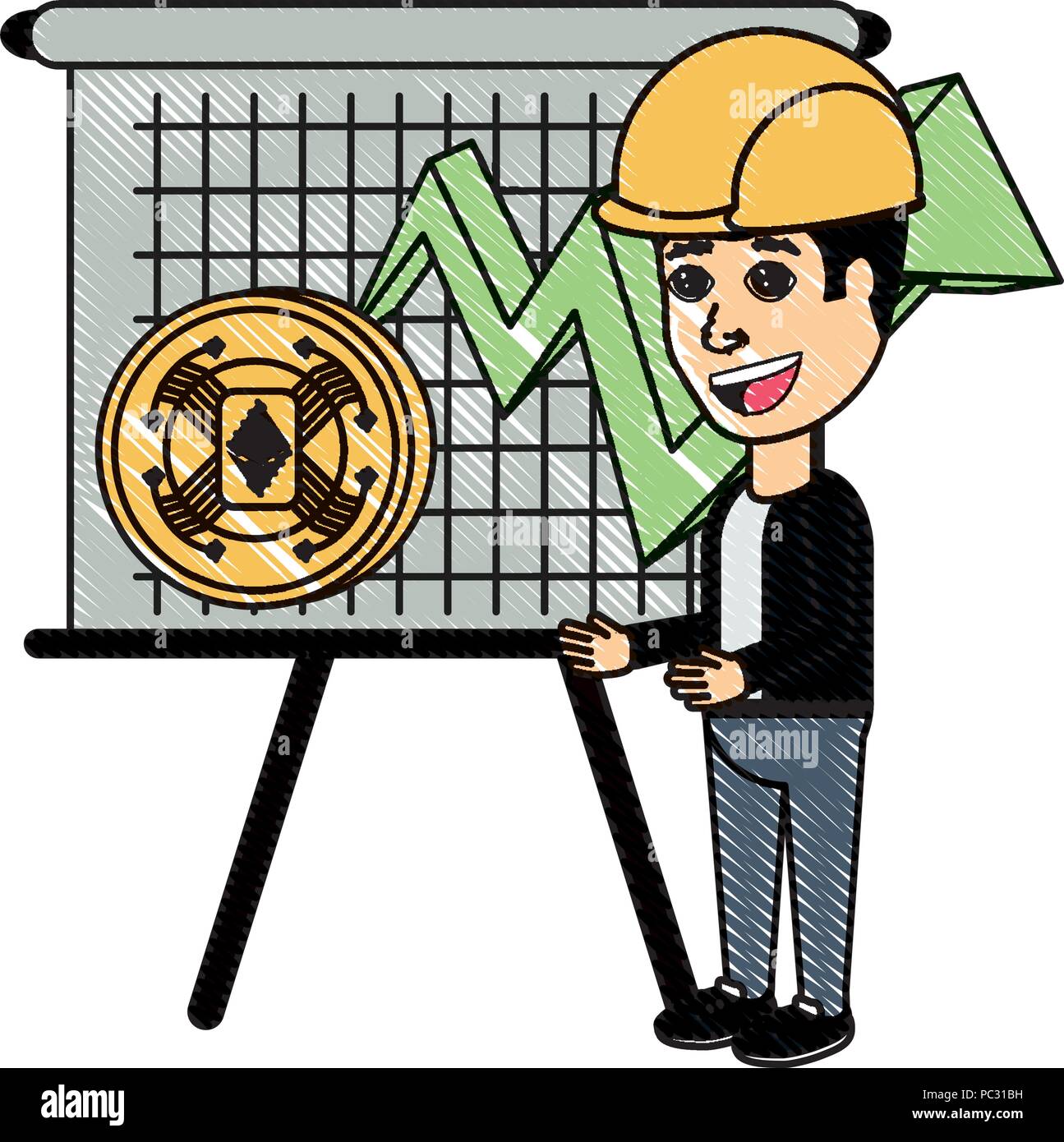 Cartoon man with presentation board with cryptocoin and financial arrow ...