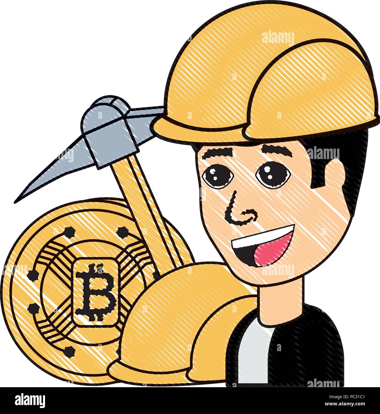 bitcoin coin with cartoon man and pickaxe tool over white background ...
