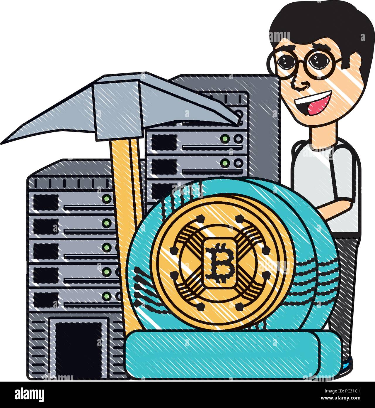 Cryptocurrency mining design with cartoon man with database servers and ...