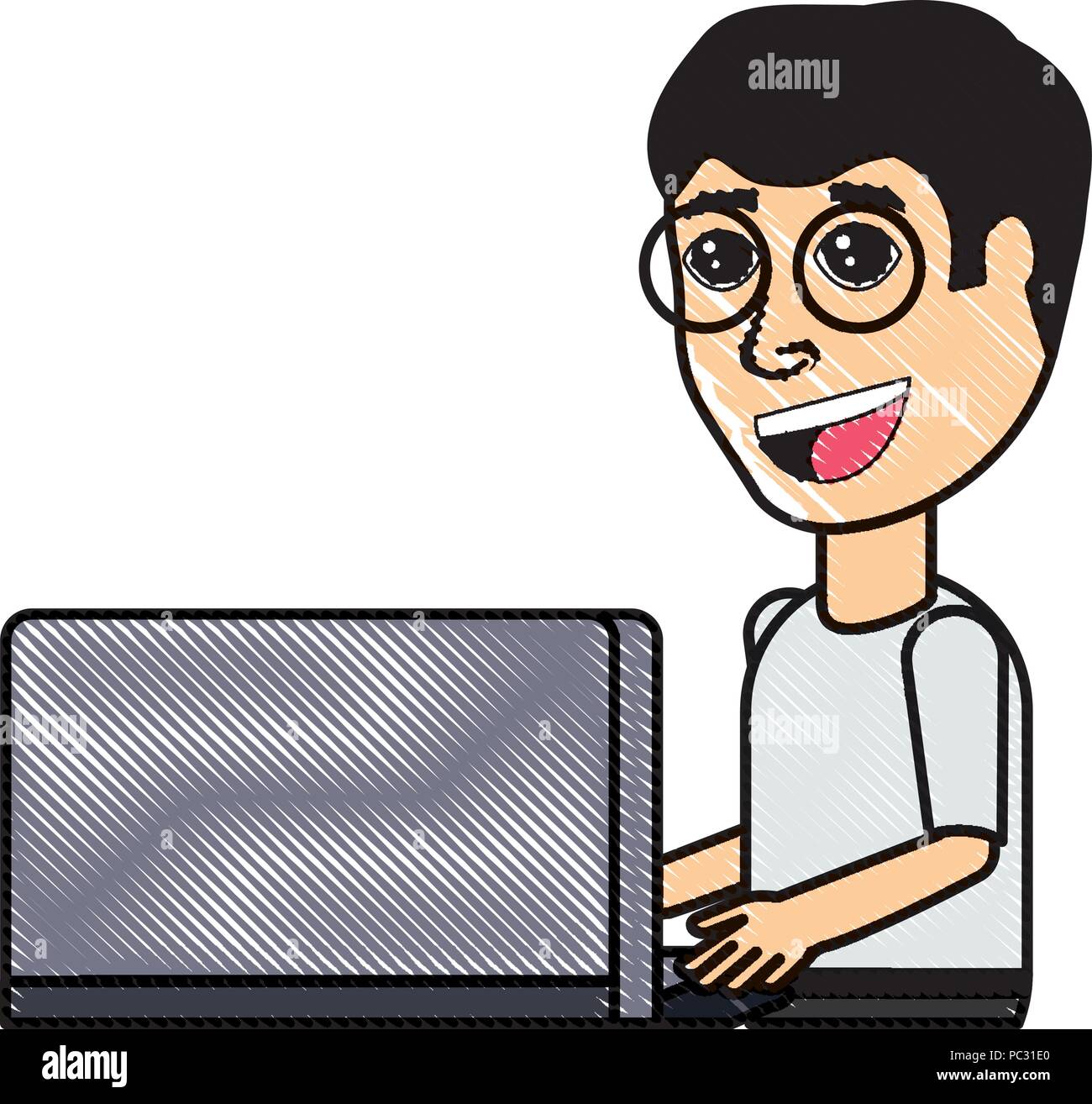 cartoon man with laptop computer over white background, vector ...