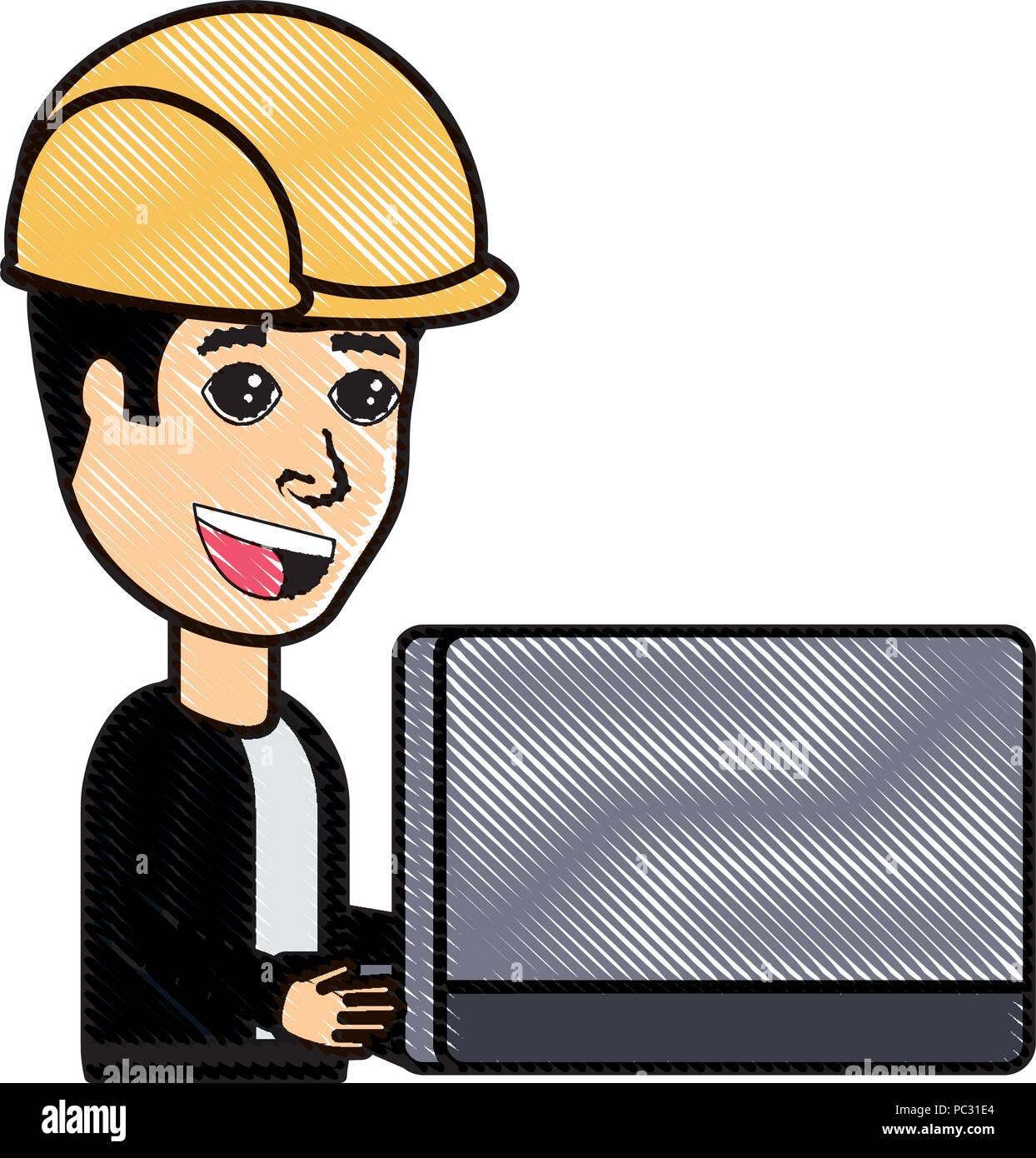 cartoon man with safety helmet and using a laptop computer over white ...