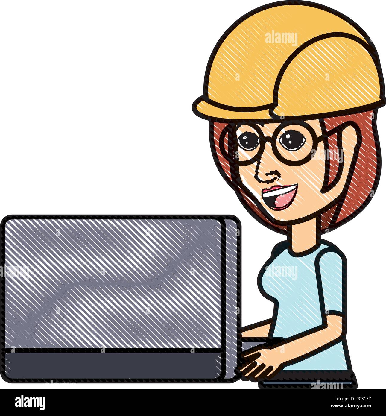 cartoon woman with safety helmet and using a laptop computer over white ...
