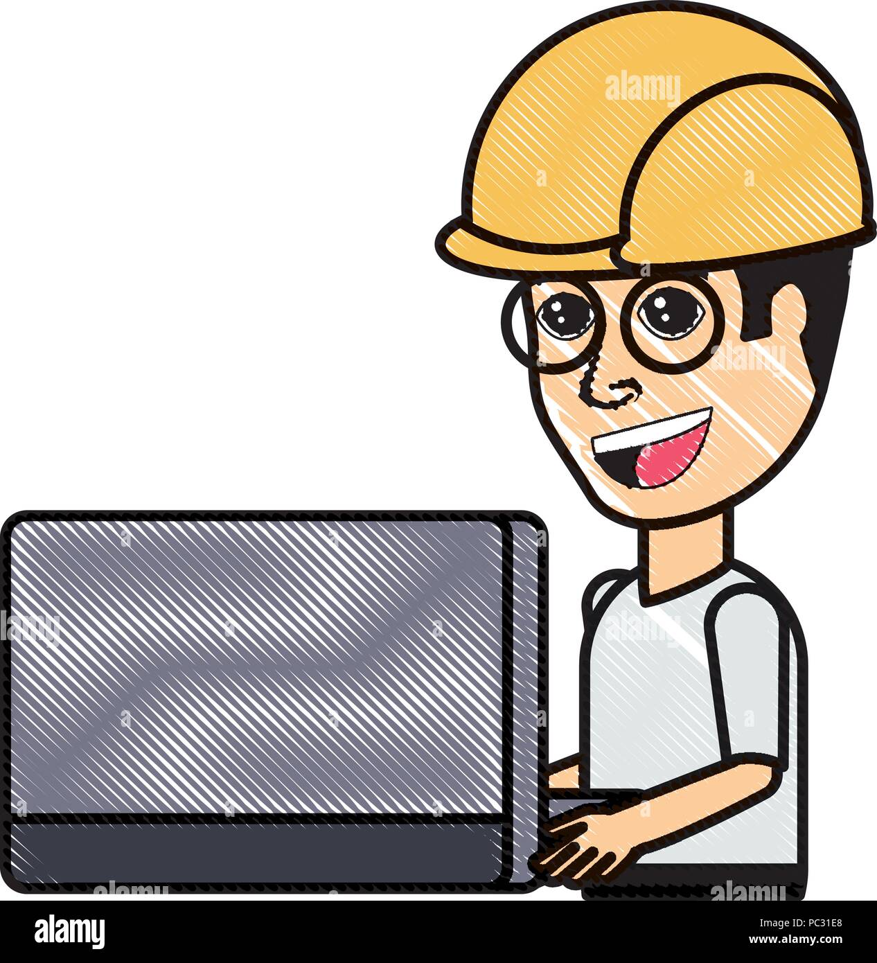 cartoon man with safety helmet and using a laptop computer over white ...