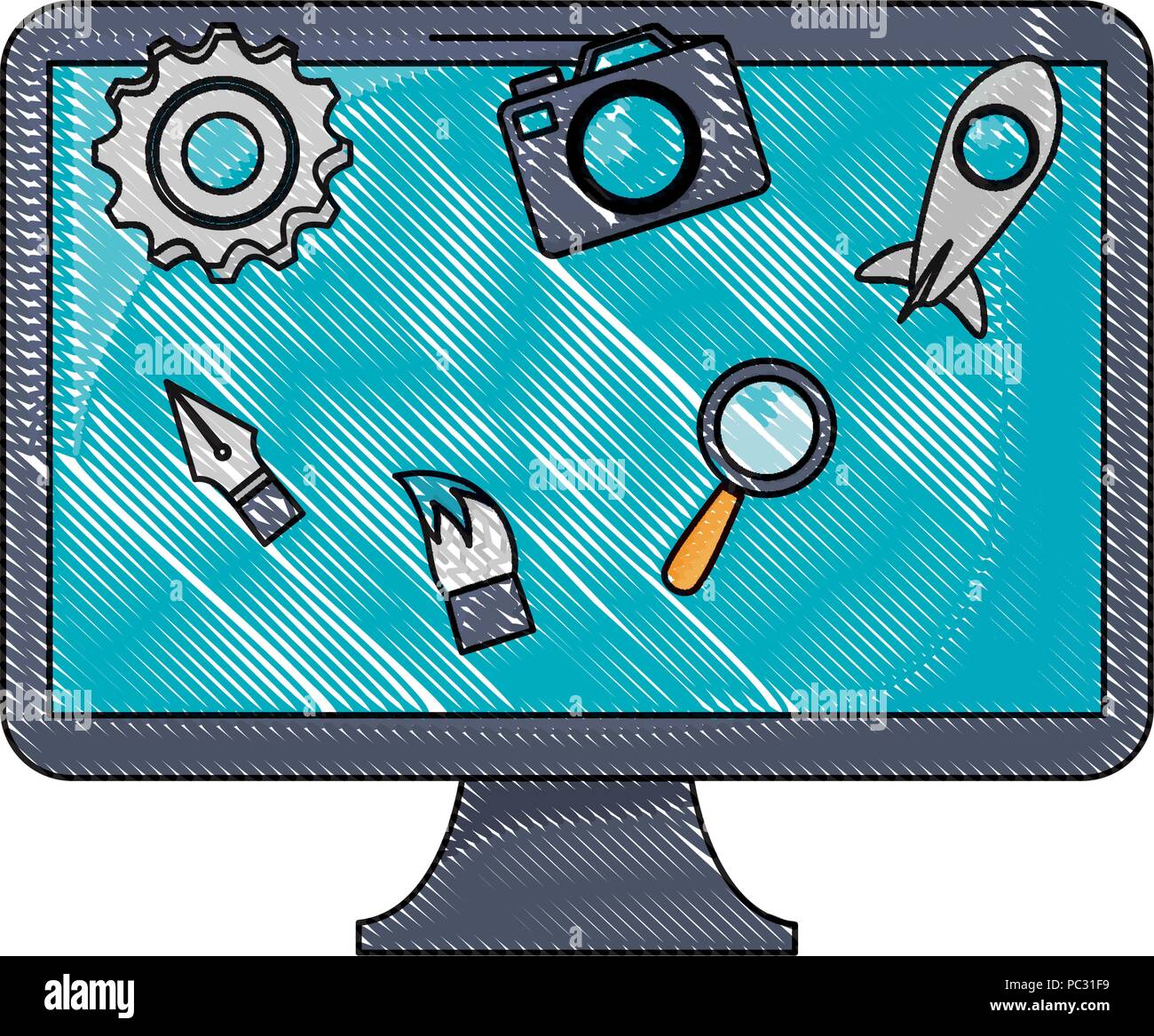 computer with creative related icons over white background, vector ...