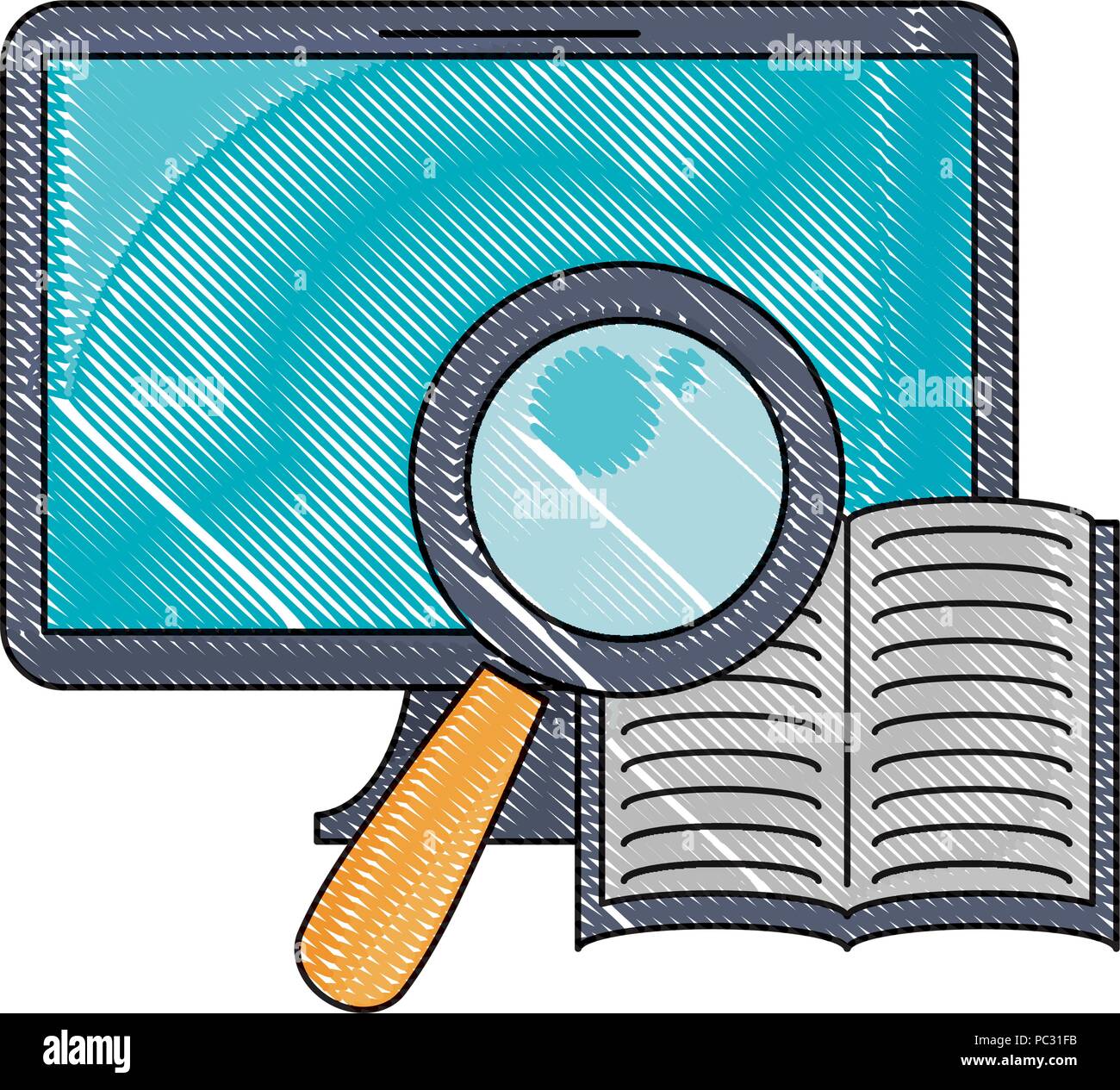 computer with book and lupe over white background, vector illustration ...