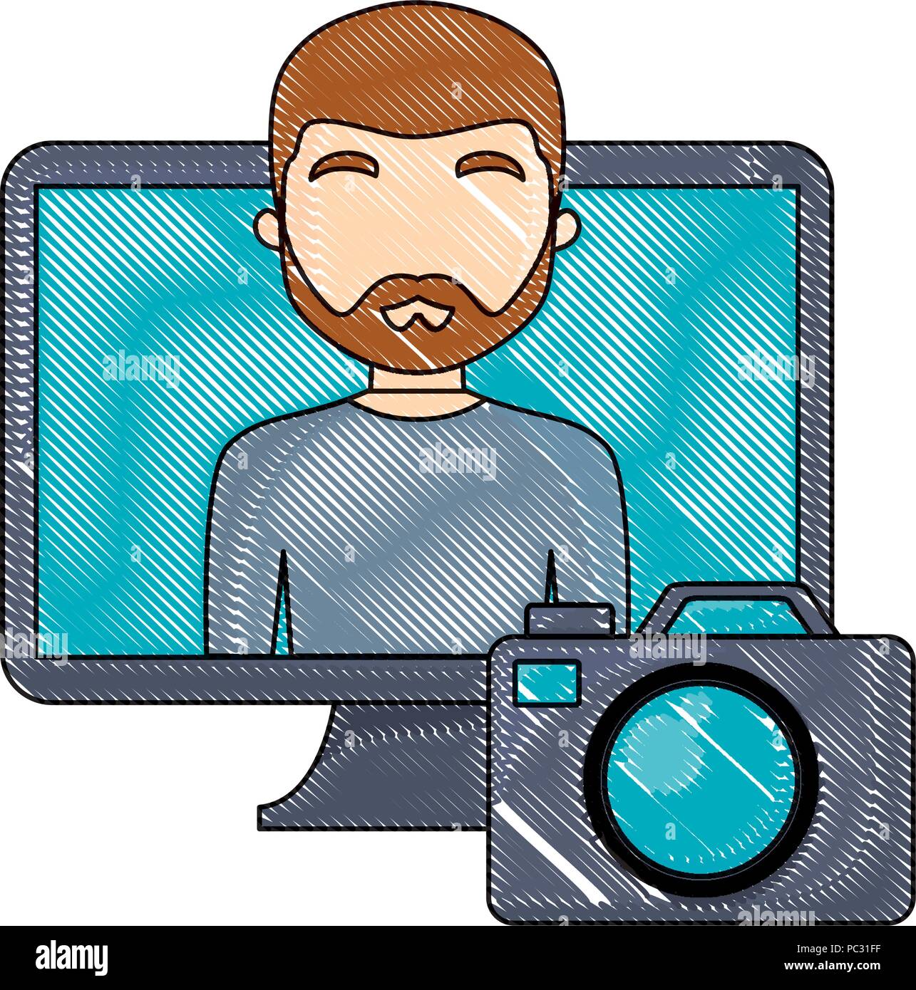 computer with man and camera over white background, vector illustration ...