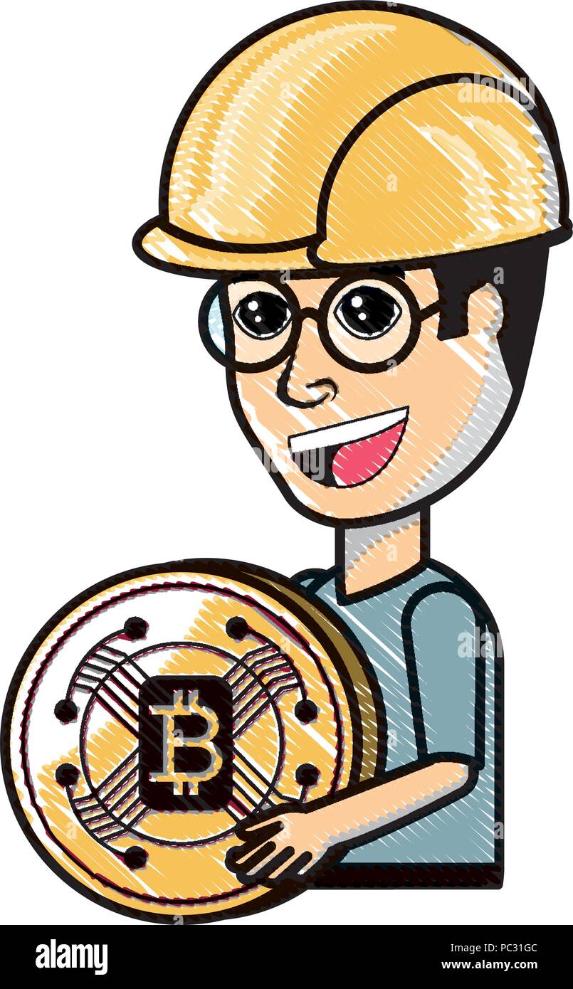 cartoon man with safety helmet and bitcoin coin over white background ...